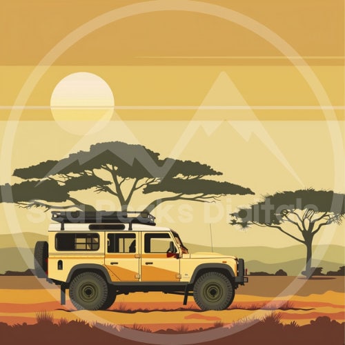 DIGITAL African Safari Flat Poster Design Jeep Illustration Artwork ...