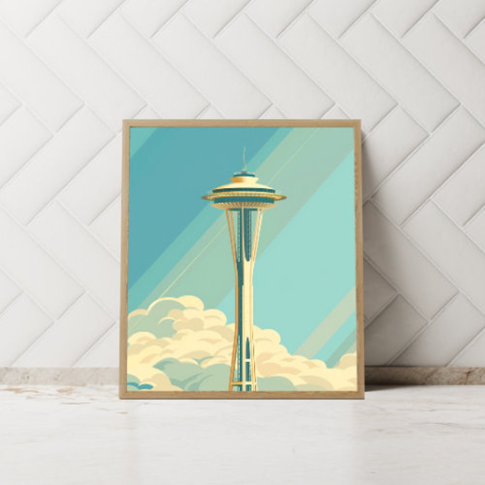 DIGITAL Space Needle Seattle WA Flat Poster Design Illustration Artwork ...