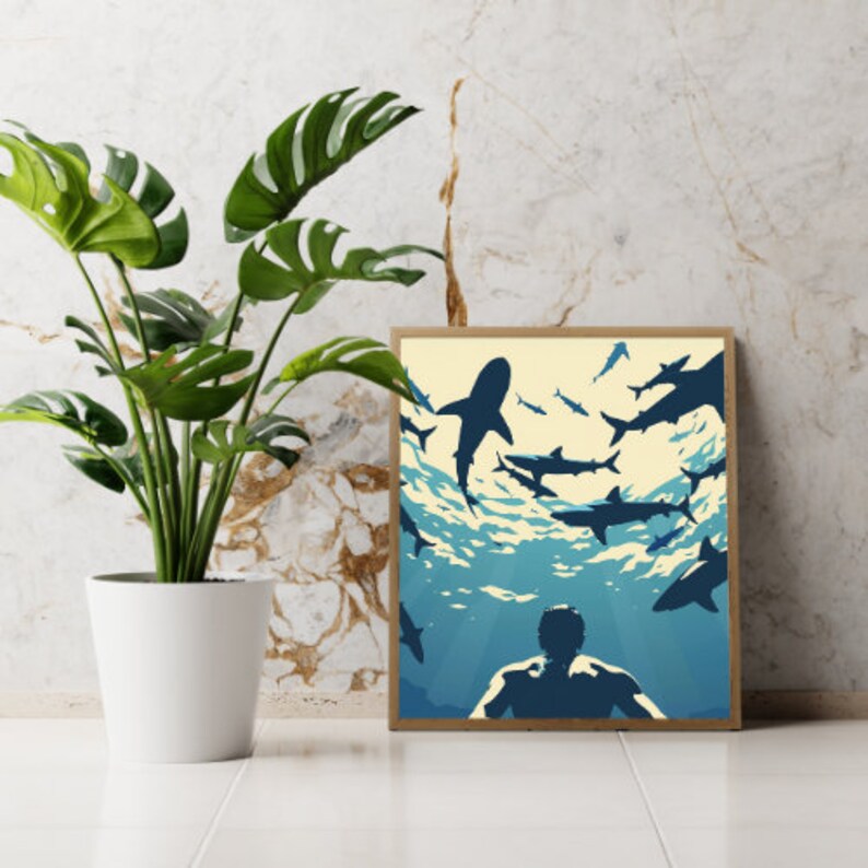 DIGITAL Man Swimming With Sharks Design Illustration Artwork Download ...