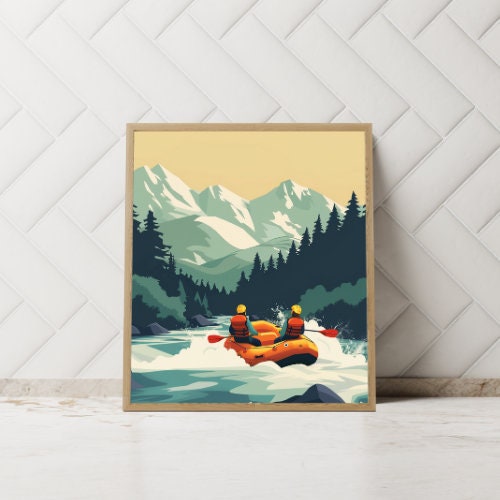 DIGITAL Whitewater Rafting Flat Poster Design Illustration Artwork ...