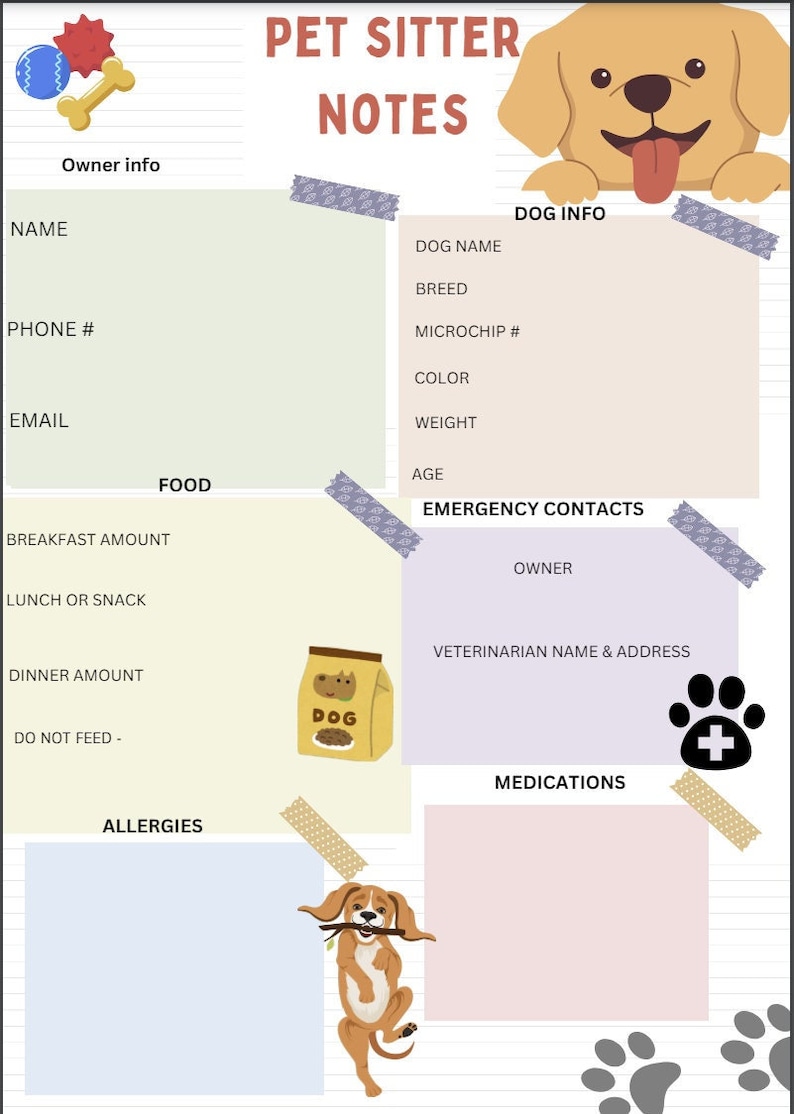 Pet Sitter Notes, Dog Sitter Template, Simple Pet Sitter Notes ...