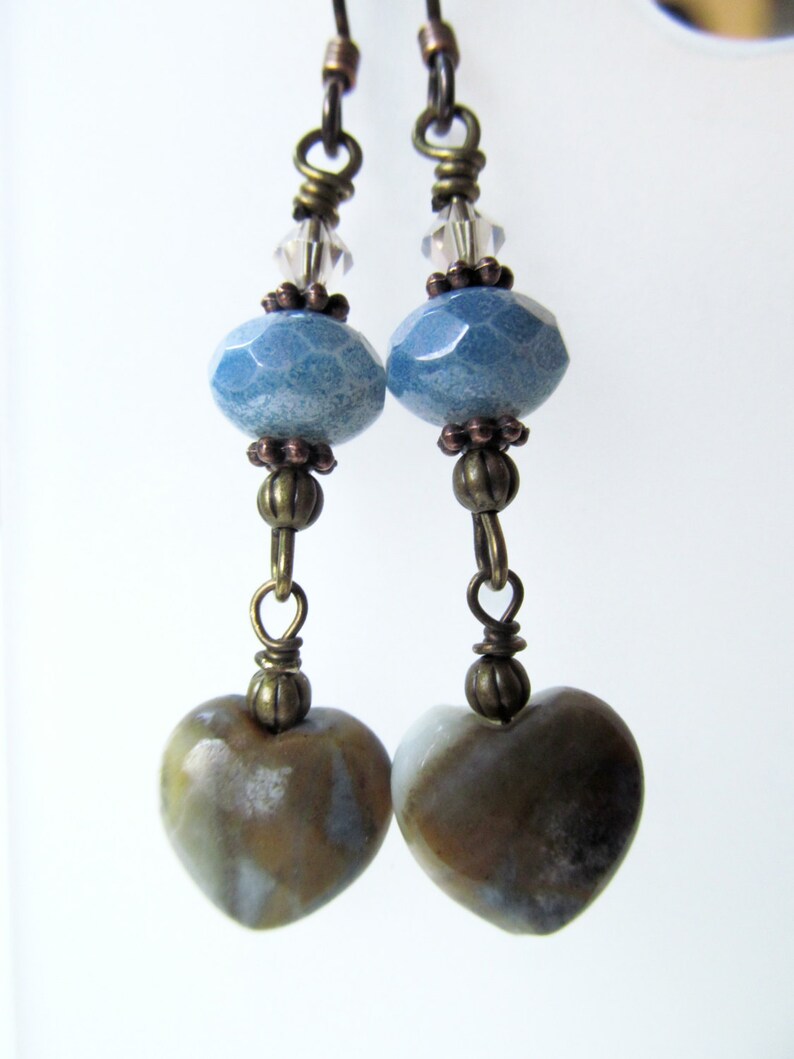 Blue Stone Heart and Czech Glass Beaded Niobium Earrings - Etsy