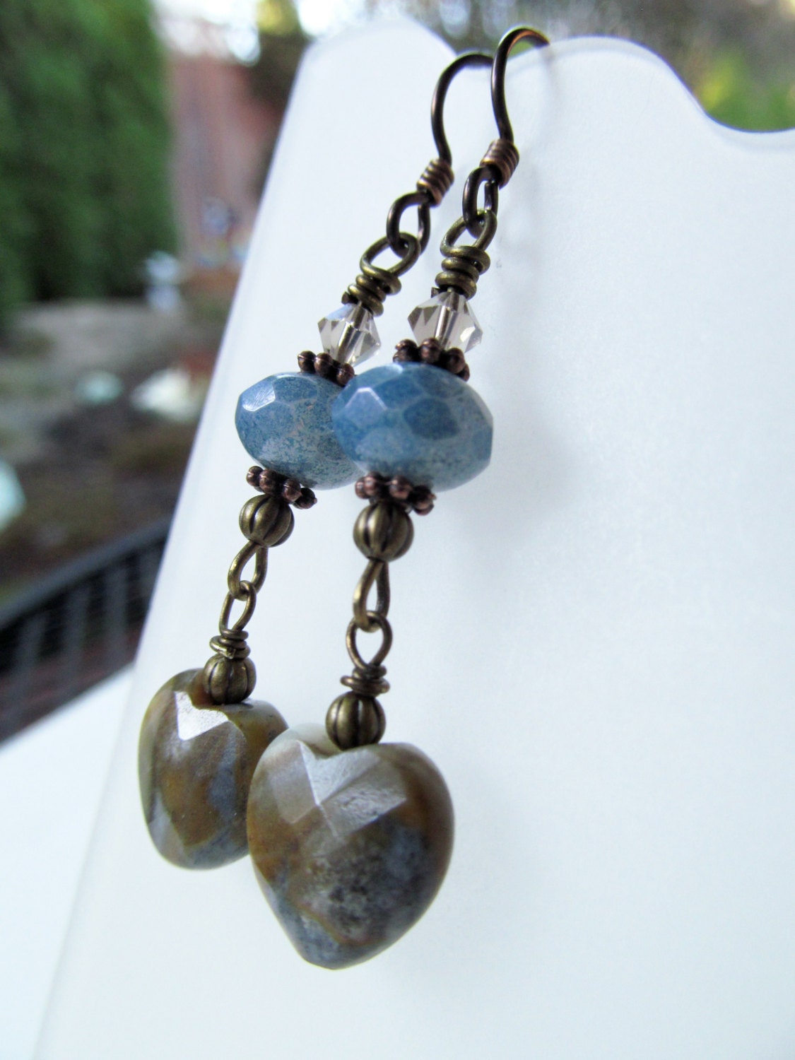Blue Stone Heart and Czech Glass Beaded Niobium Earrings - Etsy