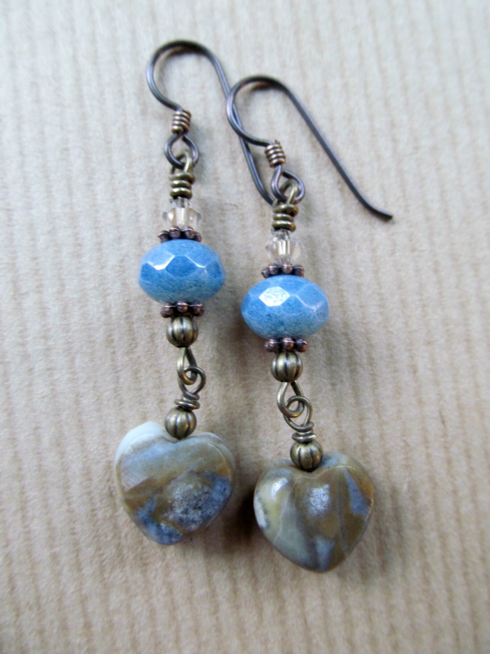 Blue Stone Heart and Czech Glass Beaded Niobium Earrings - Etsy
