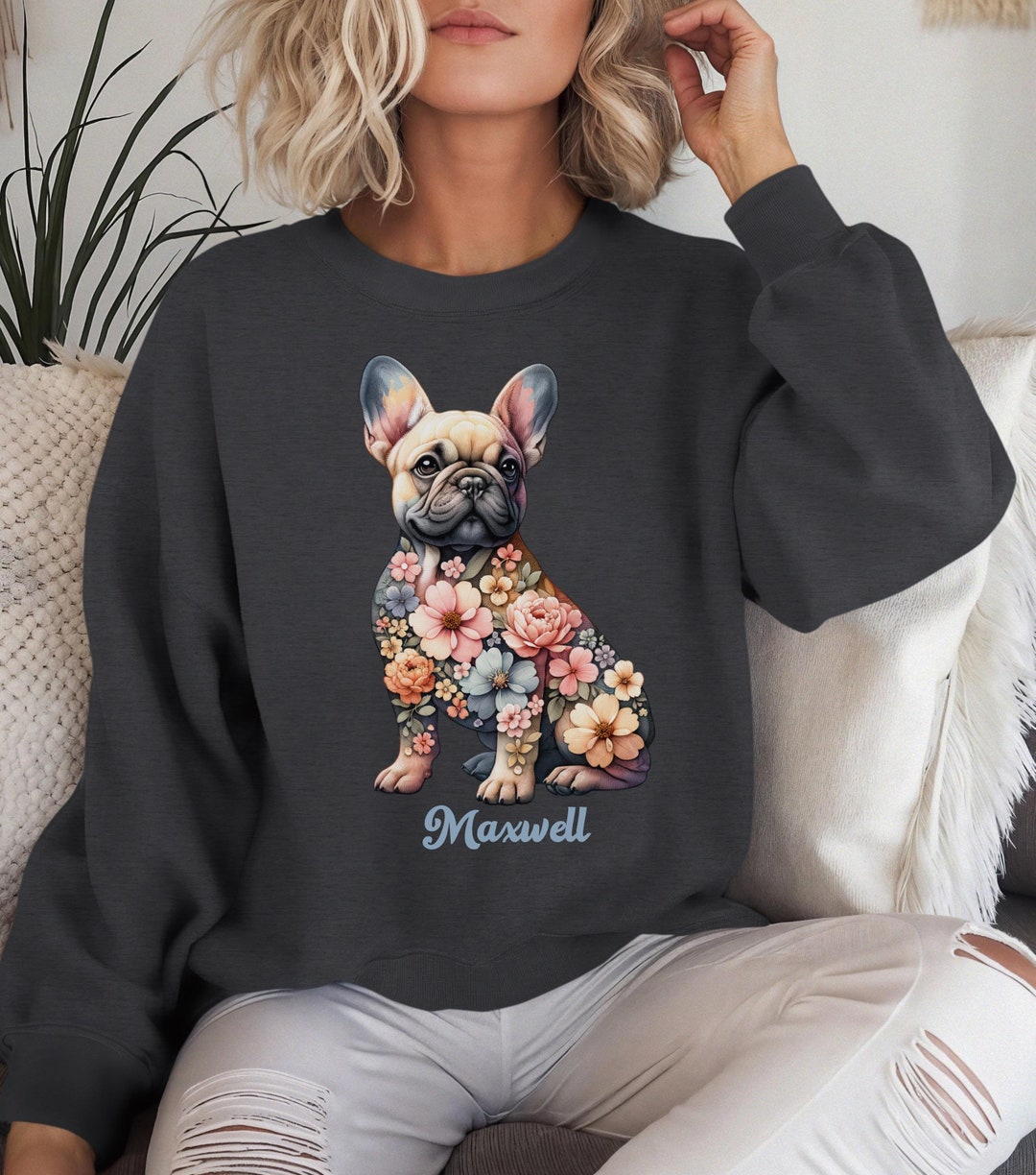 Personalized Watercolor Floral French Bulldog Dog Sweatshirt, Custom ...