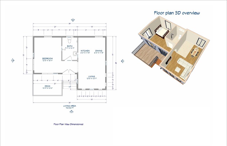 702 Sqft Tiny Home ADU Plans One Bedroom With Deck Living Dining Kitchen Bathroom 3D Views - Etsy