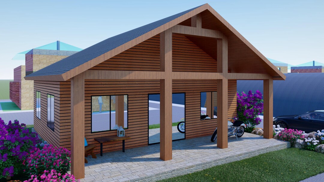 Charming 952 Sqft Tiny Studio Cabin Plans Open Concept With Kitchen ...