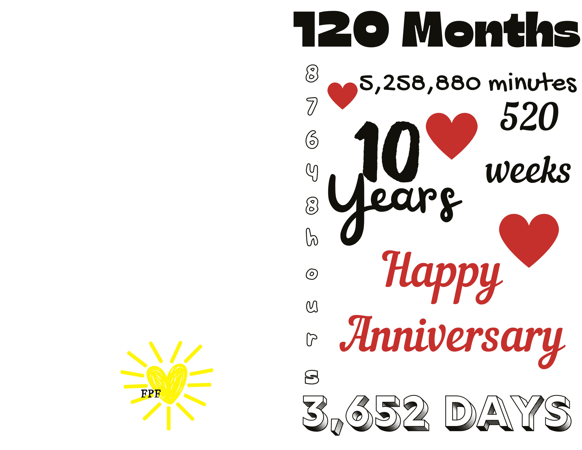 Printable Anniversary Card, Digital Download, 10 Year Anniversary Card ...