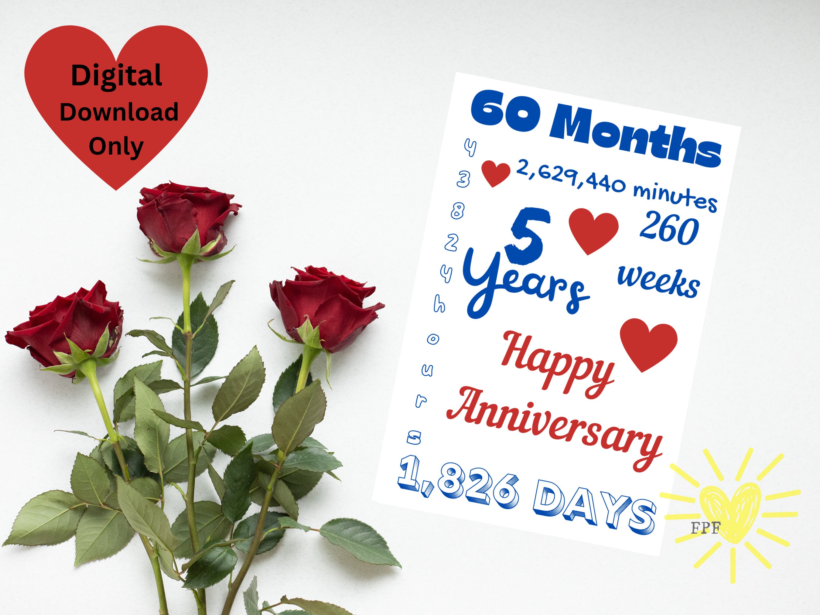 Printable Anniversary Card, Digital Download, 5 Year Anniversary Card ...