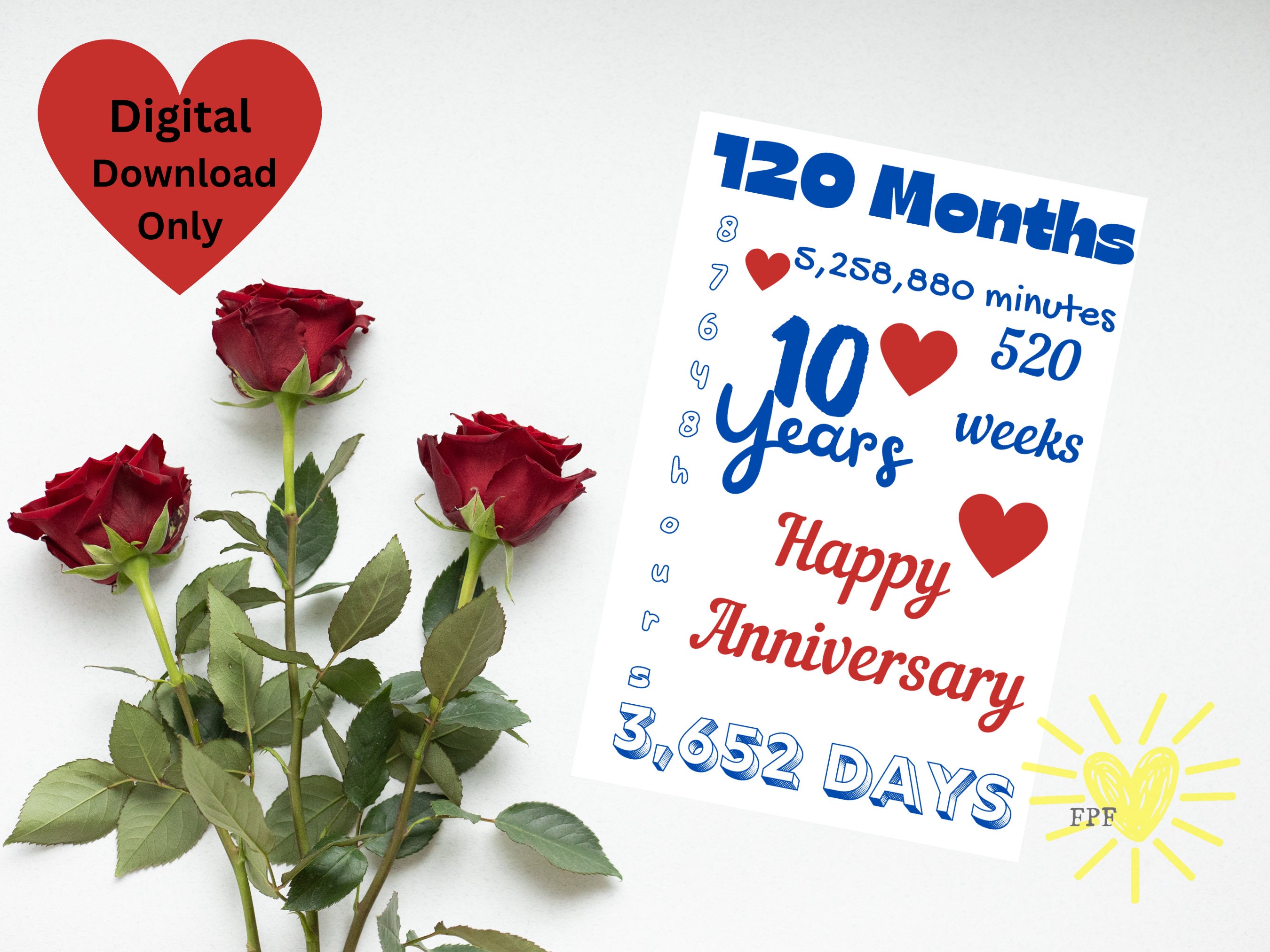 Printable Anniversary Card, Digital Download, 10 Year Anniversary Card ...