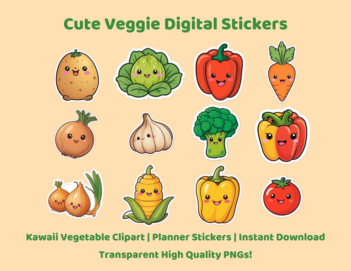 Cute Veggie Digital Stickers | Kawaii Vegetable Clipart | Planner ...