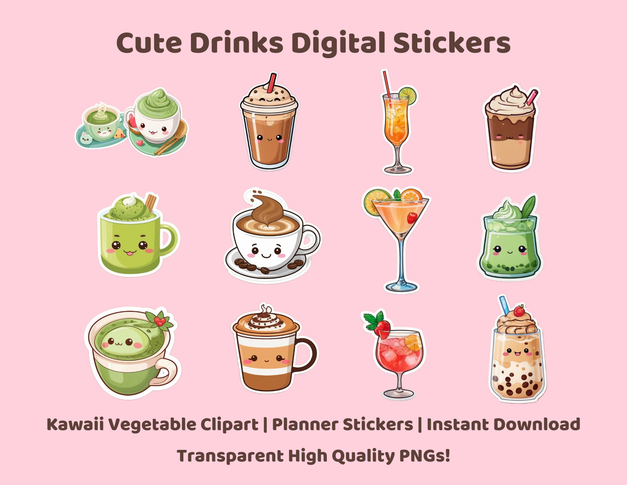 Cute Drink Digital Stickers | Kawaii Beverage Clipart | Planner ...