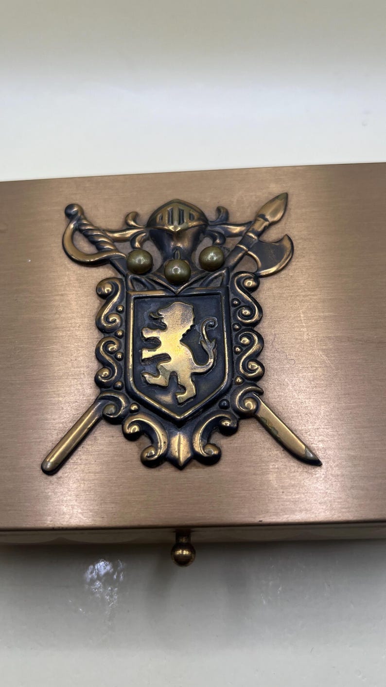 Mid Century Gold Tone Heraldic Lion Jewelry Box | Vintage Metal Gothic ...