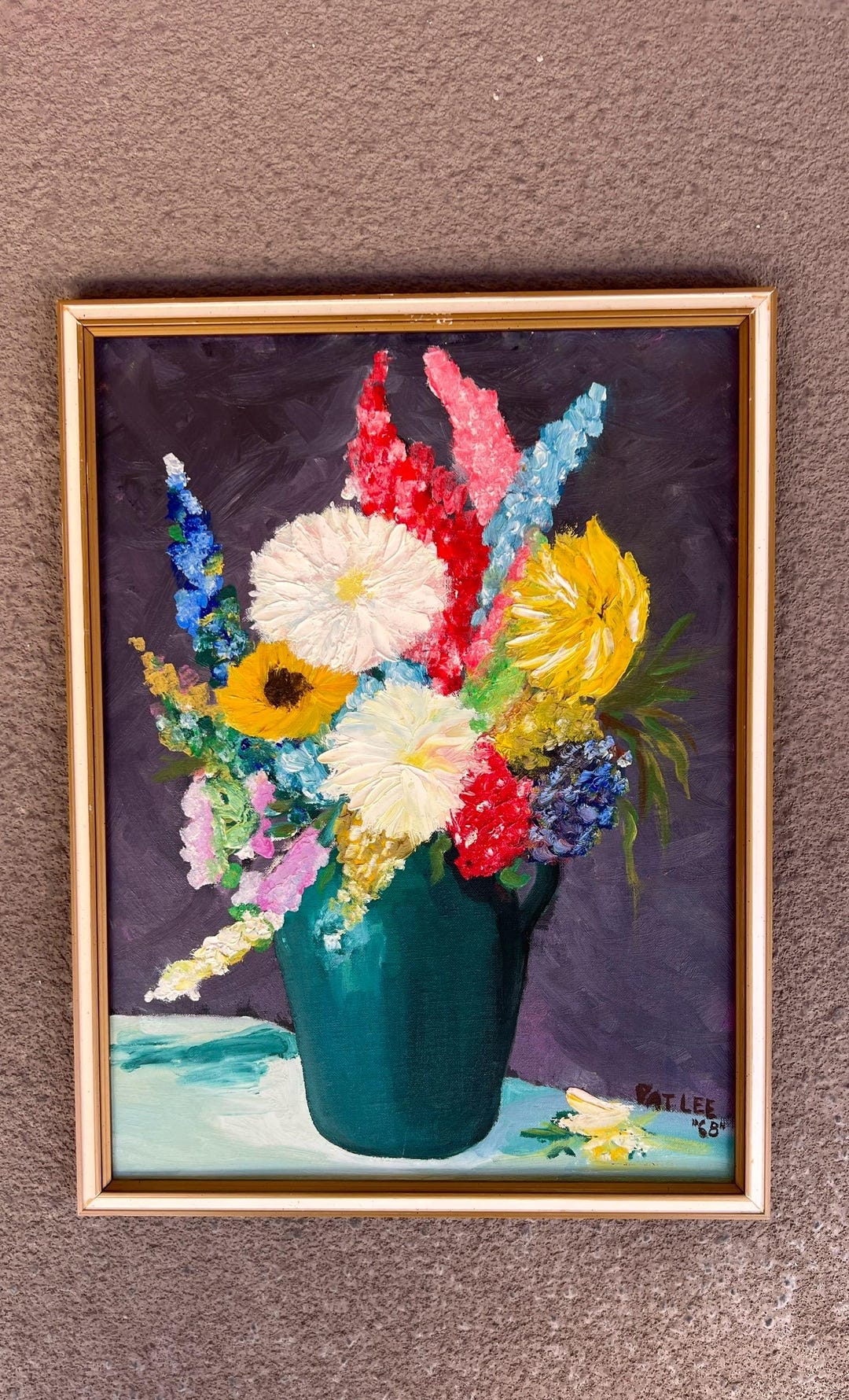 Vintage 1968 Pat Lee Floral Still Life Mid Century Impasto Oil Painting ...