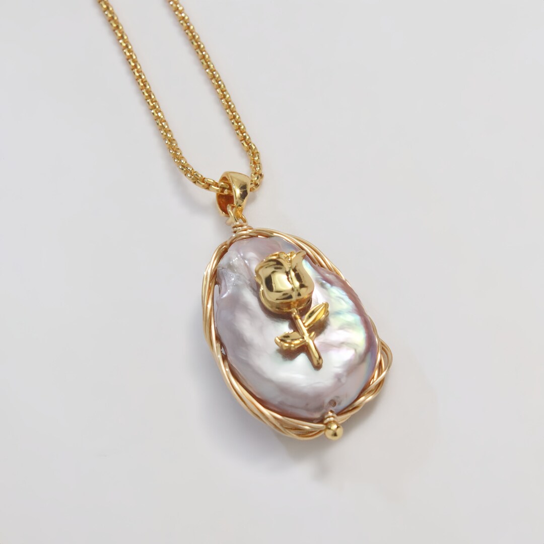 Natural Baroque Pearl Rose Pendant Necklace - Autumn Necklace - Fall ...