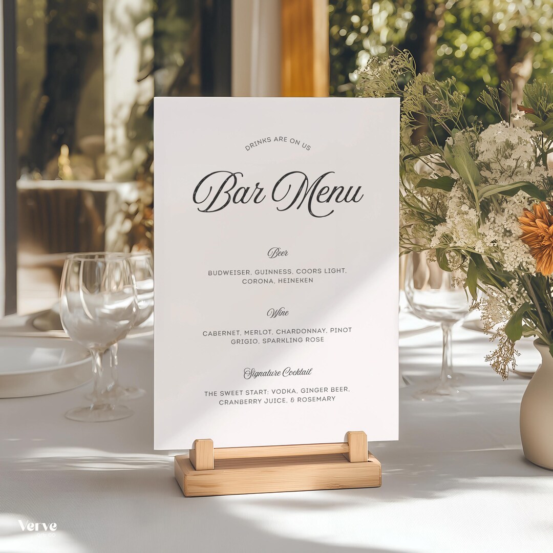 Rustic Wedding Bar Menu Sign Template, Elegant Wedding Drink Menu ...