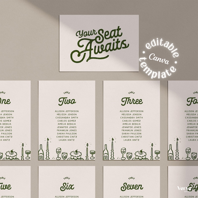 Hand Drawn Seating Chart Cards, Mirror Seating Charts Canva Template ...