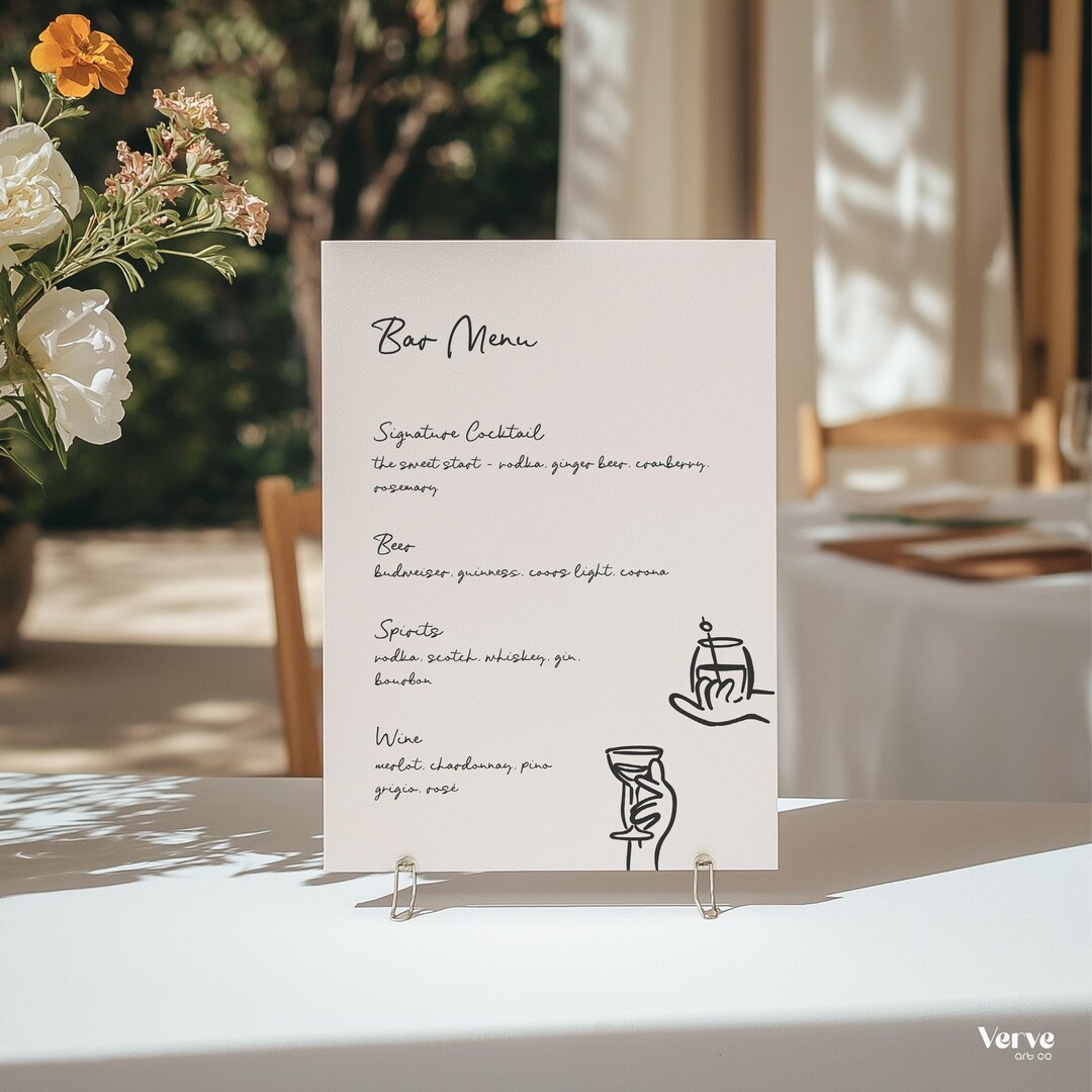 Whimsical Bar Menu Sign Template, Illustrated Wedding Drink Menu ...
