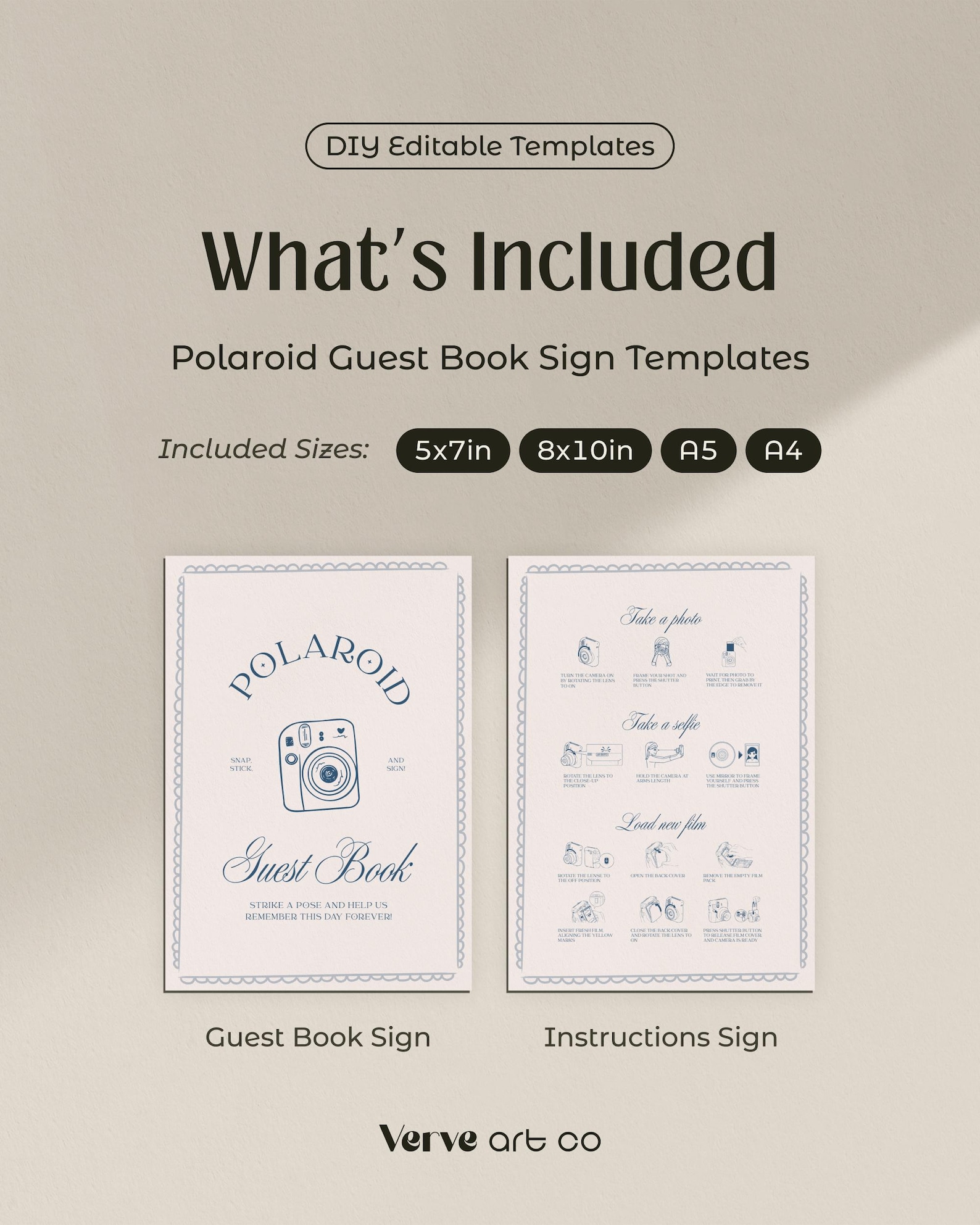 Vintage Photo Guest Book Signs, Instax Polaroid Instruction Template ...