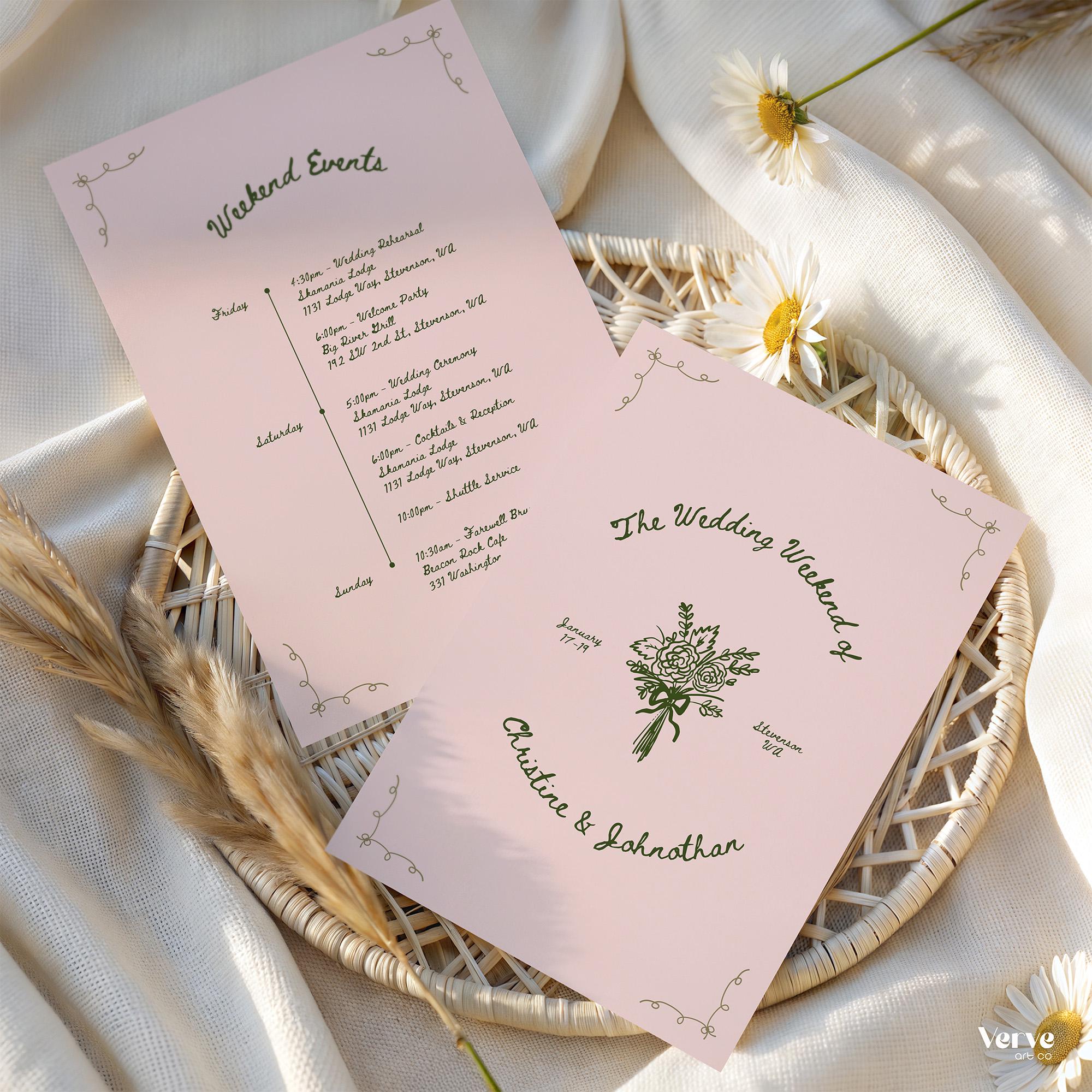 Whimsical Wedding Weekend Itinerary, Wedding Welcome Bag Timeline Card ...