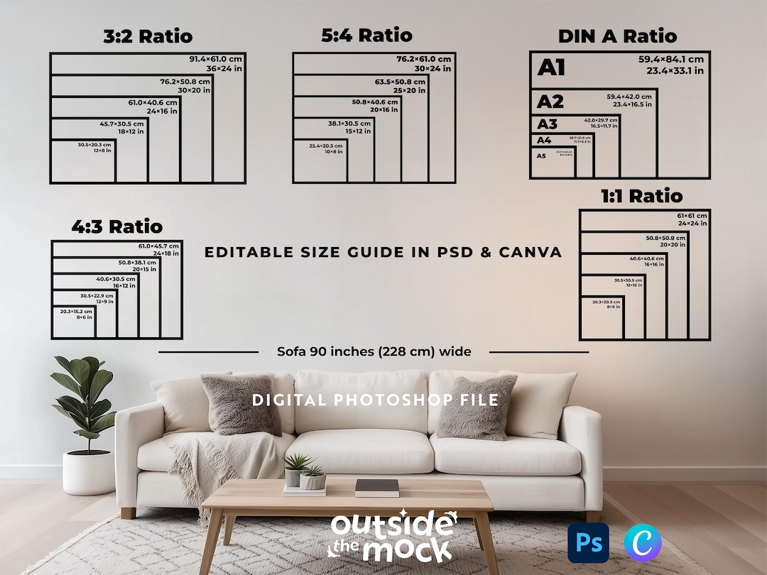 Horizontal Frame Size Guide Editable Canva Photoshop Mockup Wall Art ...