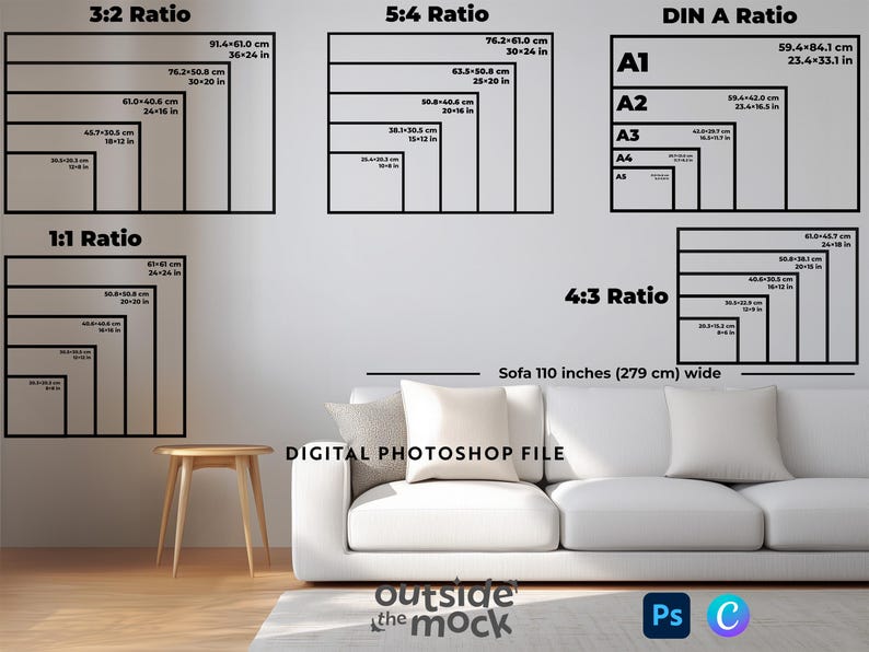 Horizontal Frame Size Guide Bundle Wall Art Size Chart for Prints ...