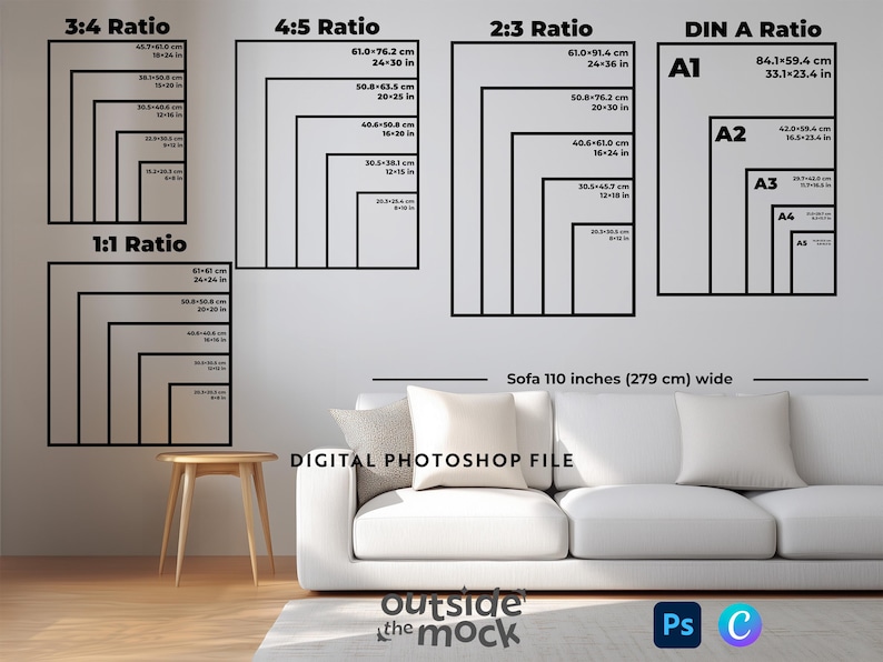 Vertical Frame Size Guide Bundle Wall Art Size Chart for Prints, Living ...