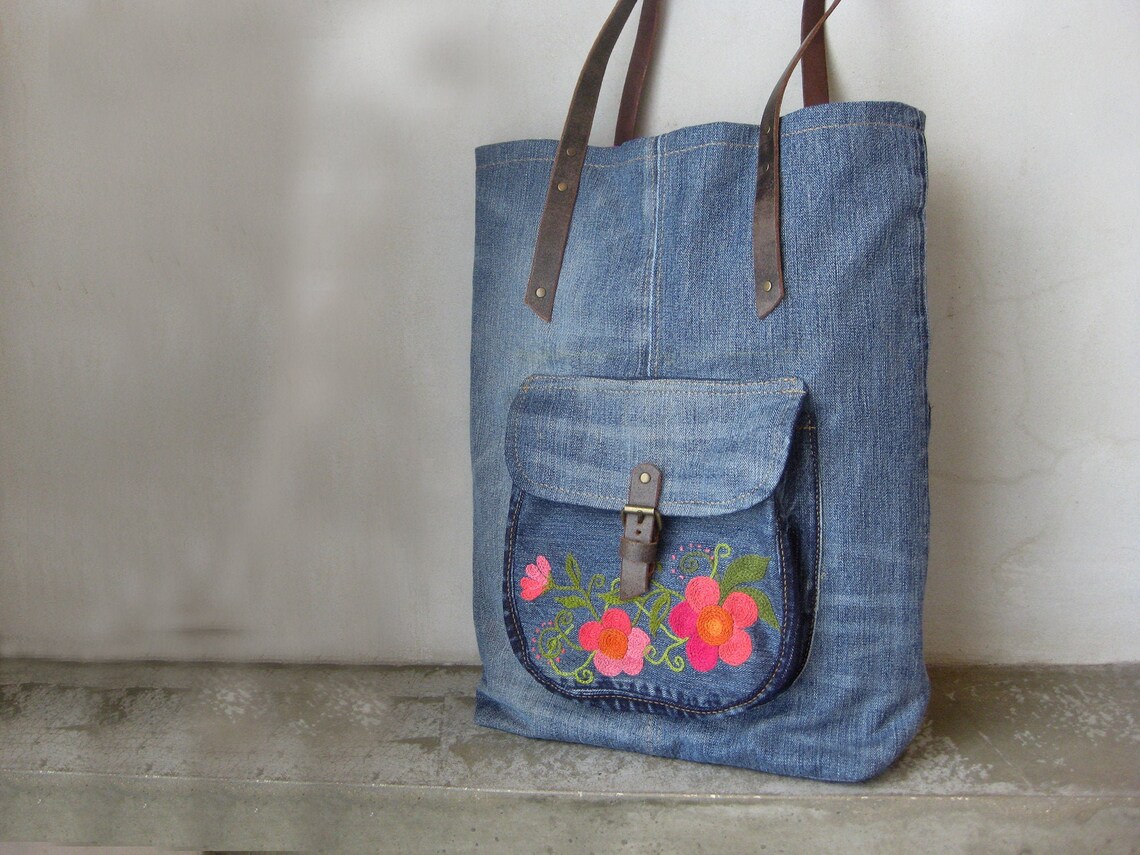Denim Tote Bag, Embroidered Bag, Recycled Jeans Bag, - Etsy