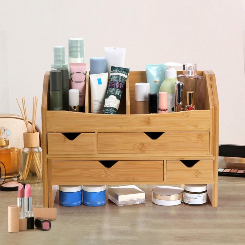 Wooden Desk Organizer With Drawers Cute Bamboo Wood Bedside Desktop ...