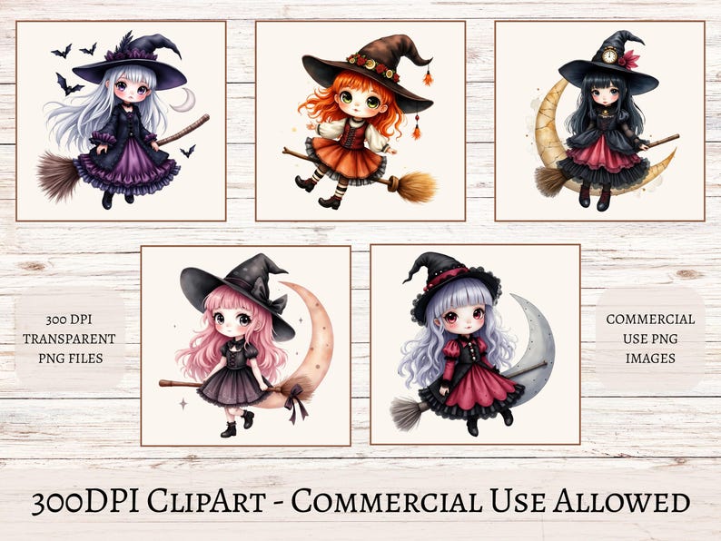Gothic Witch Clipart Set: Chibi Halloween Witches PNG (digital Download ...