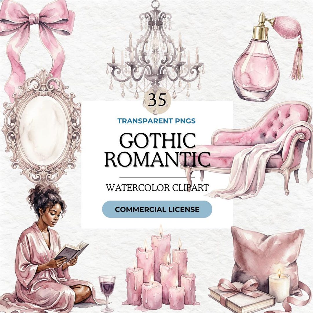 Gothic Romantic Watercolor Clipart Bundle - Elegant Pink Boudoir Pngs ...