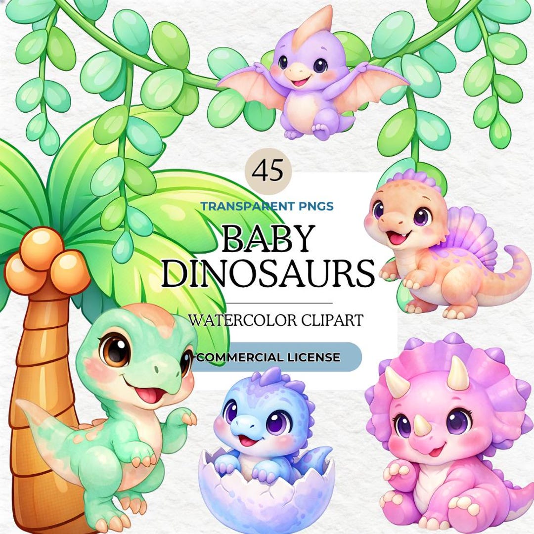 Baby Dinosaurs Clipart Bundle, Watercolor Dino PNG, Cute Dinosaur Art ...