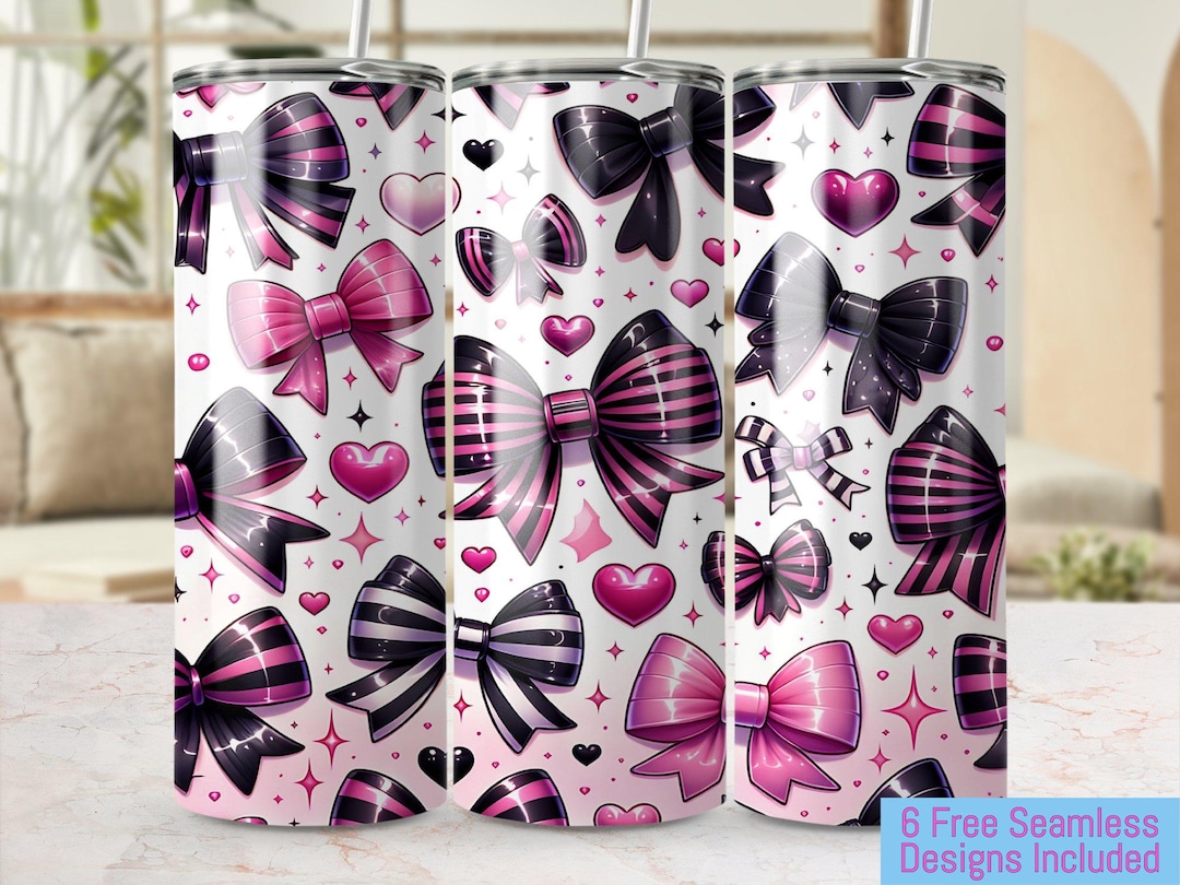 Black Pink Bows Seamless 20oz Tumbler Wrap PNG, Hearts Stars Design ...