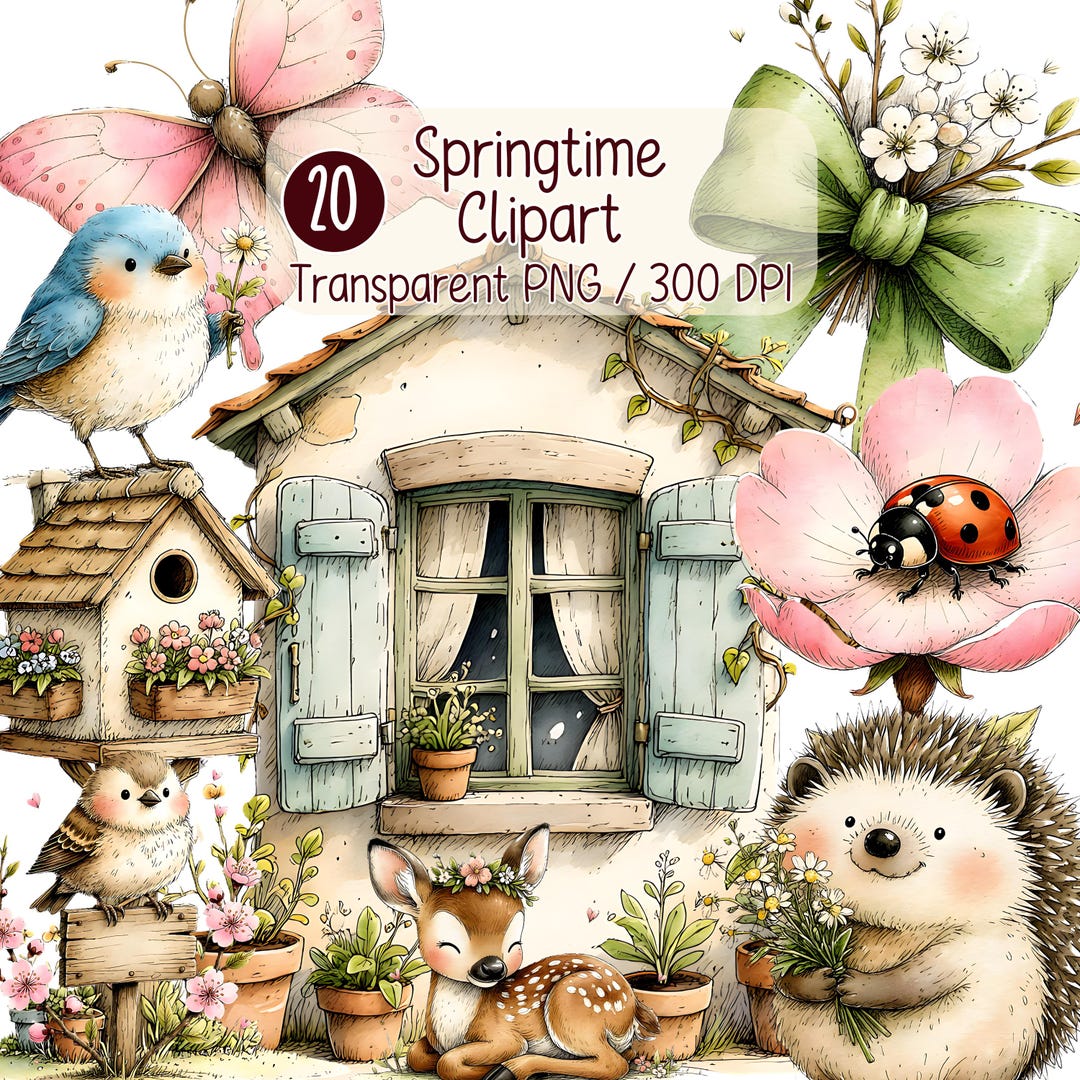 Springtime Clipart Bundle, Watercolor Animals Clipart, Birdhouse ...