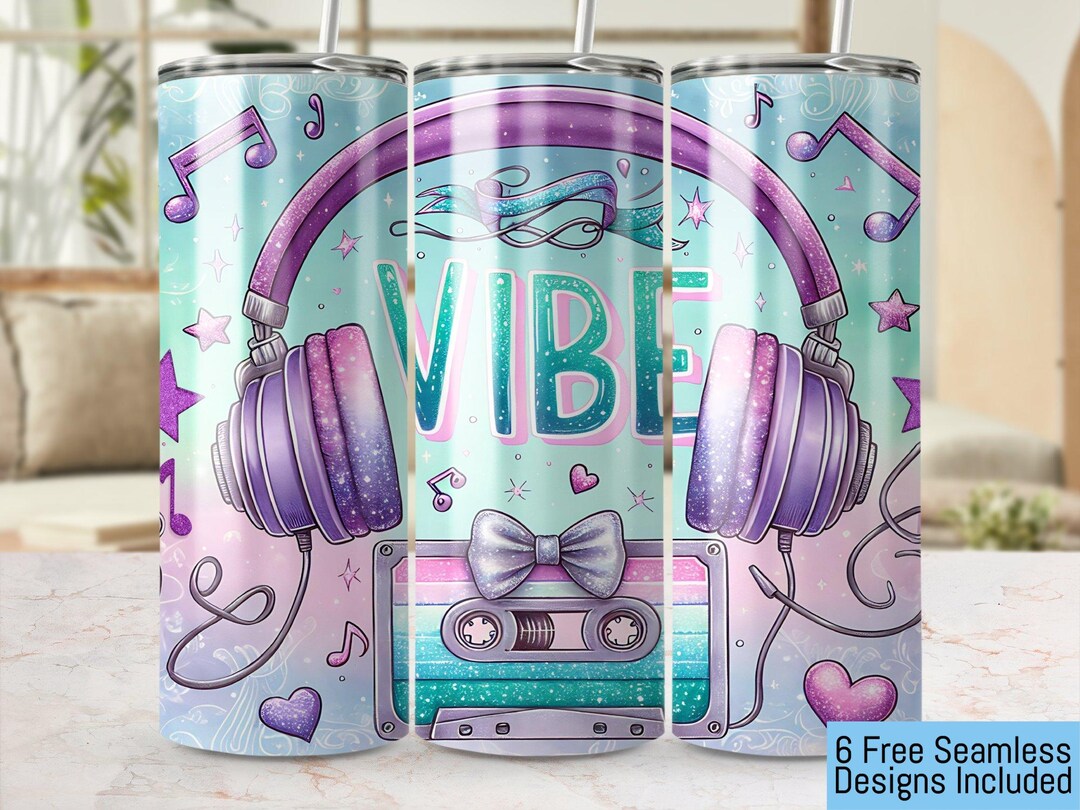 Vibe Headphones Tumbler Wrap, Music Notes 20oz, Cute Cassette PNG ...