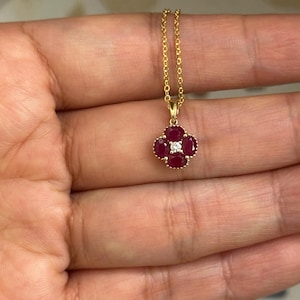 Ruby Pendant - 18K Solid Gold Ruby Clover Pendant, Birthstone Necklace ...