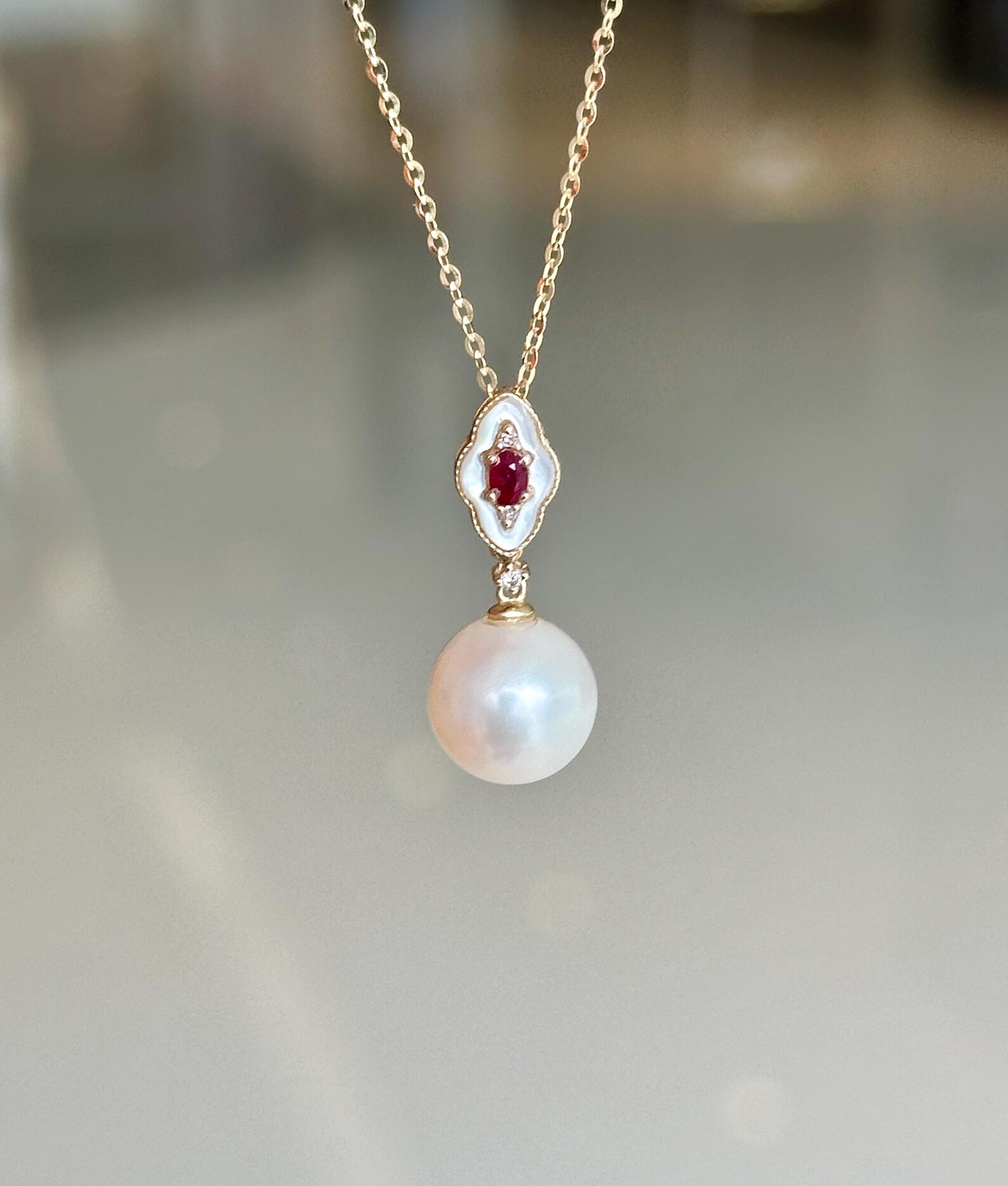 Vintage Ruby Pearl Pendant - 18K Solid Gold Real Ruby Diamond Pearl ...