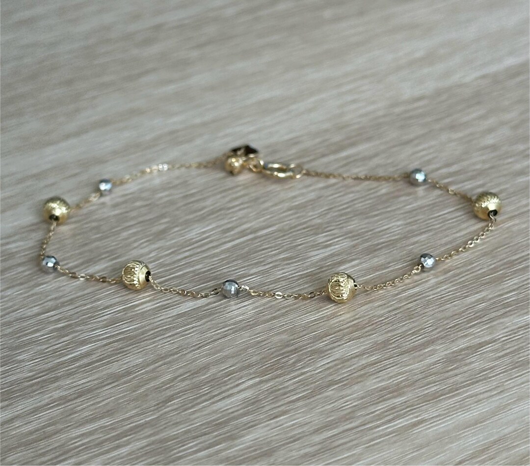 18K Solid Gold Two Tone Bead Bracelet, Mixed Metal Ball Station Chain ...