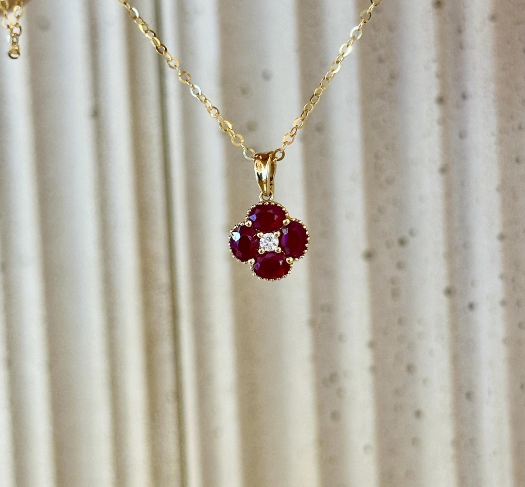 Ruby Pendant - 18K Solid Gold Ruby Clover Pendant, Birthstone Necklace ...
