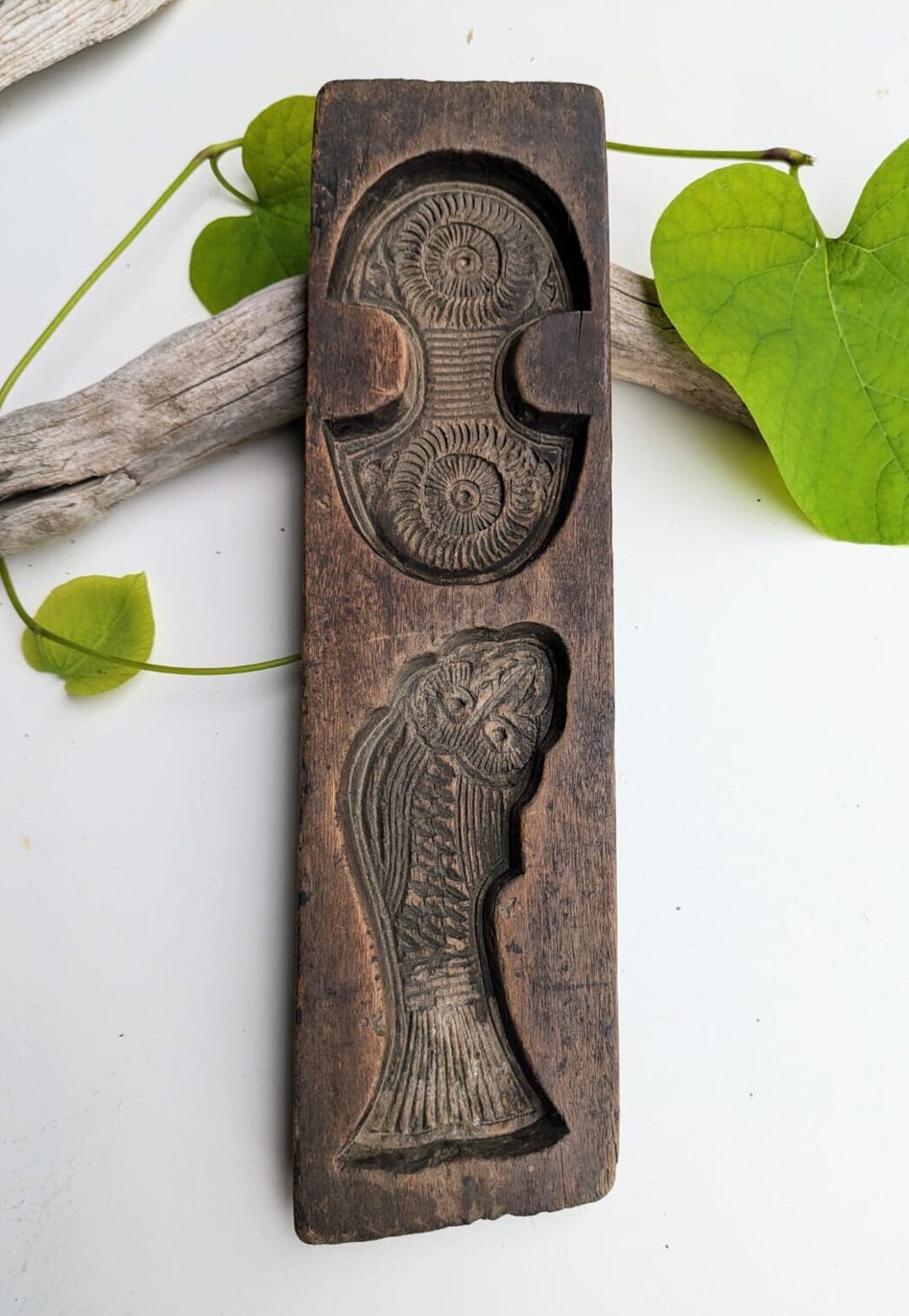 Antique, Chinese, Pear Wood, Handmade Mooncake Mold, Fish and Coin ...