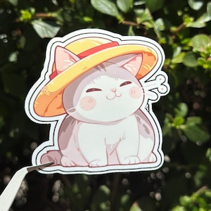 Cat in Luffy Hat Sticker, One Piece Fan Art Decal, Waterproof Sticker ...