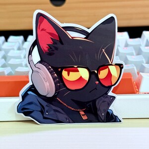 Music Lover Black Cat Sticker, Cool Cat Wearing Headphones Sticker ...