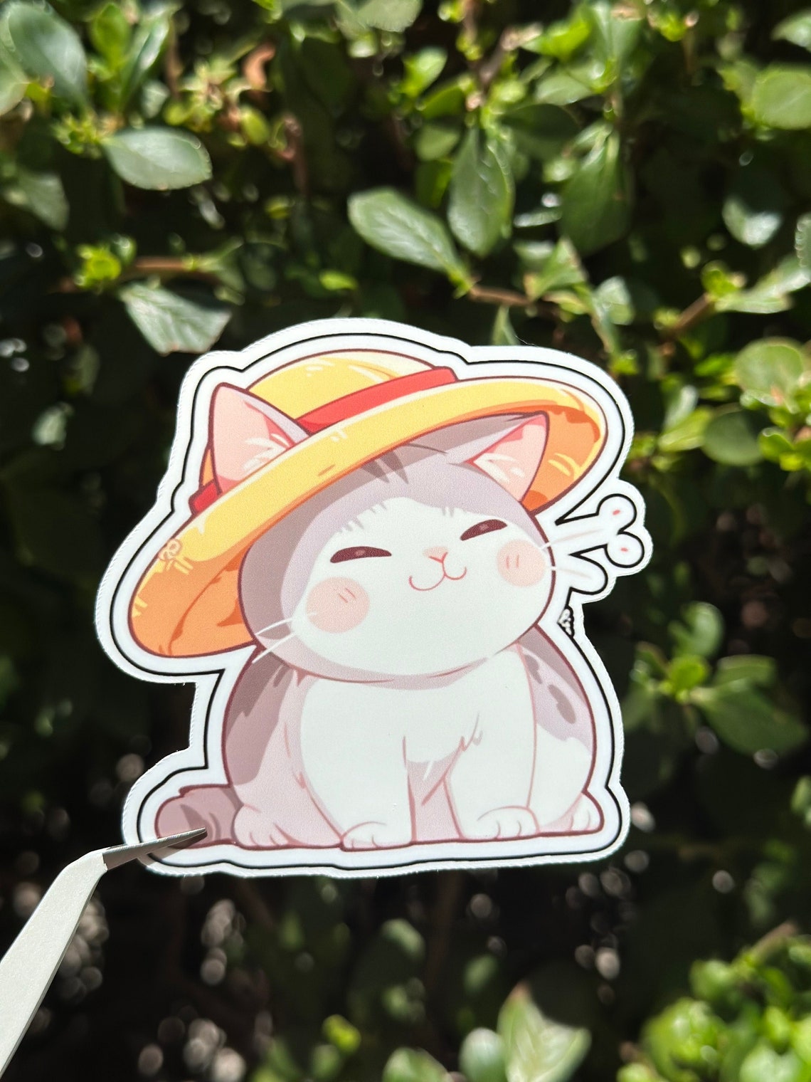 Cat in Luffy Hat Sticker, One Piece Fan Art Decal, Waterproof Sticker ...