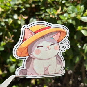 Cat in Luffy Hat Sticker, One Piece Fan Art Decal, Waterproof Sticker ...