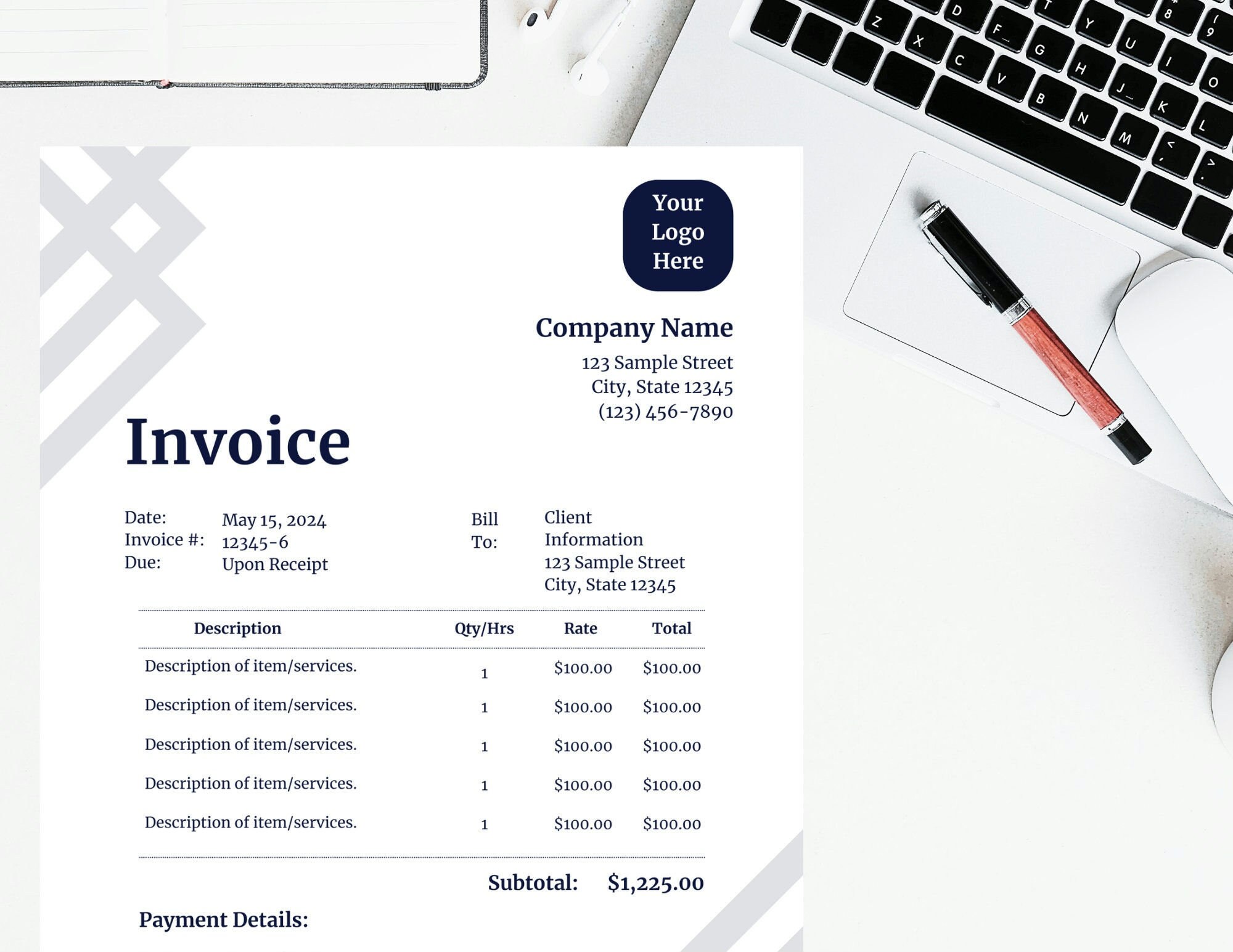 Invoice Template With QR Code and Logo Completely Customizable - Etsy