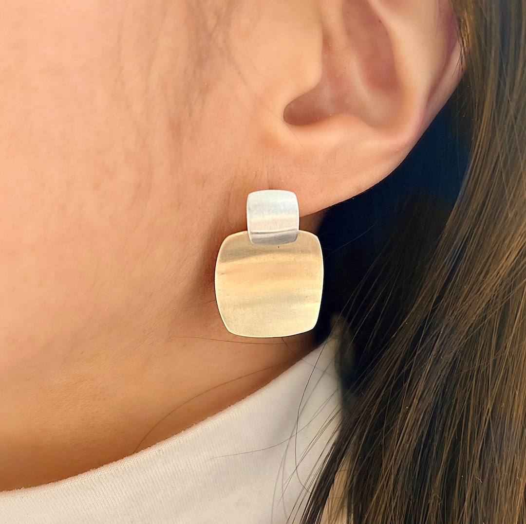 Square Statement Earrings, Midsize Twotone Earrings, Mixed Metal Sterling Silver and Brass Stud ...