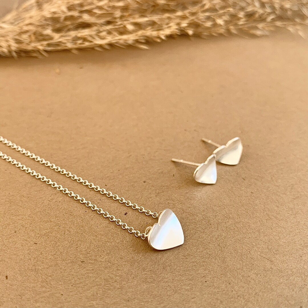 Dainty Silver Heart Handmade Jewelry Set, Cute Simple Heart Stud ...