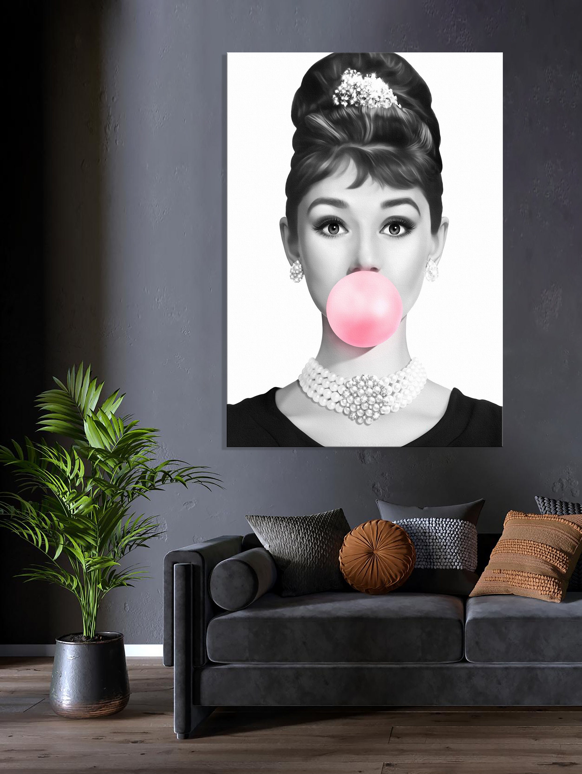 Audrey Hepburn Bubble Gum Print, Woman Poster, Famous Canvas Art ...