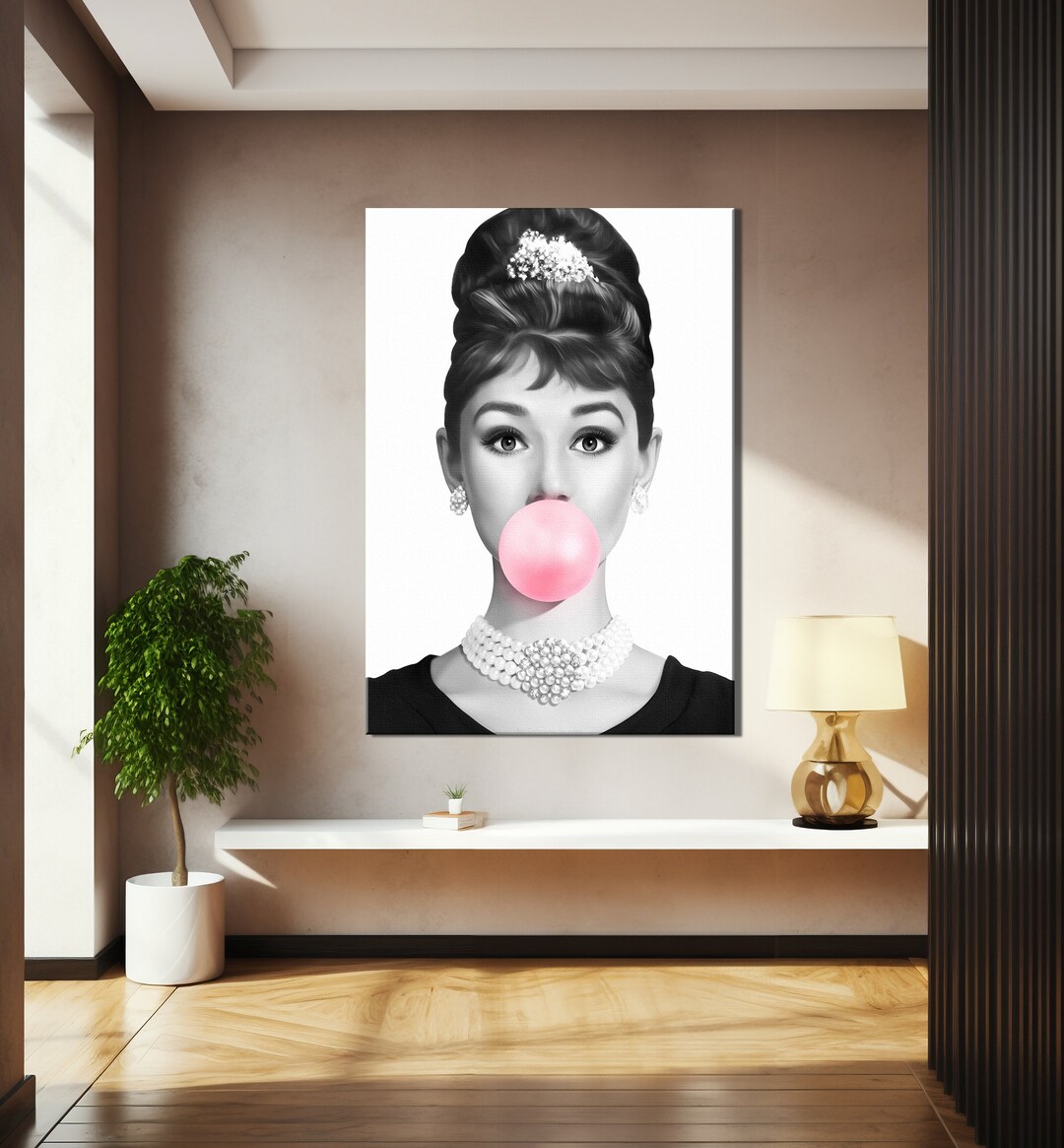 Audrey Hepburn Bubble Gum Print, Woman Poster, Famous Canvas Art ...