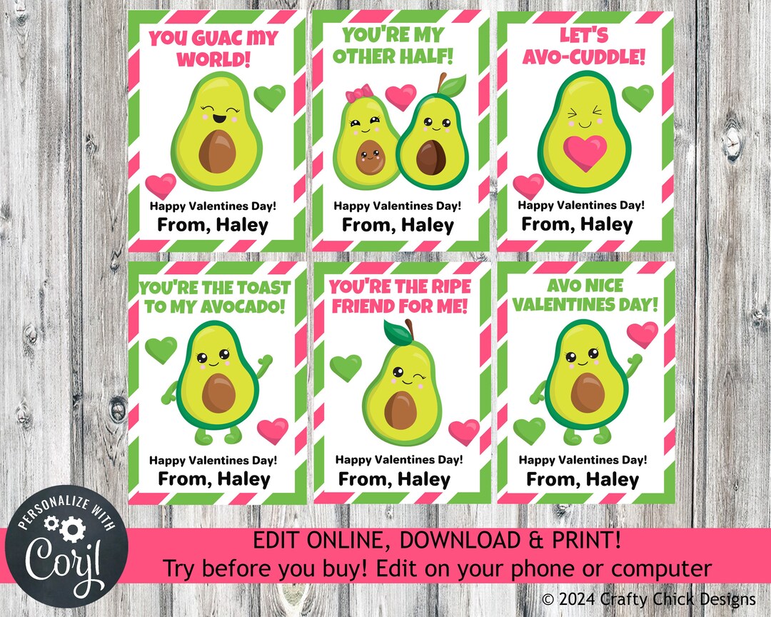 Avocado Valentines, Editable Valentines, School Valentines, Classroom ...